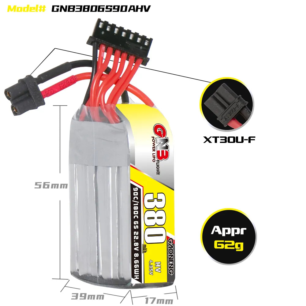 Gaoneng GNB LiHV 6S 22.8V 380mAh 90C LiPo Battery - XT30 — Pyrodrone