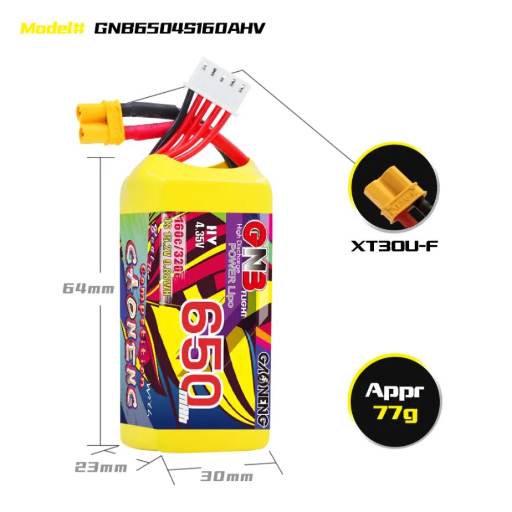 Gaoneng GNB 4S 15.2V 650mAh 160C HV Lipo Battery - XT30 — Pyrodrone